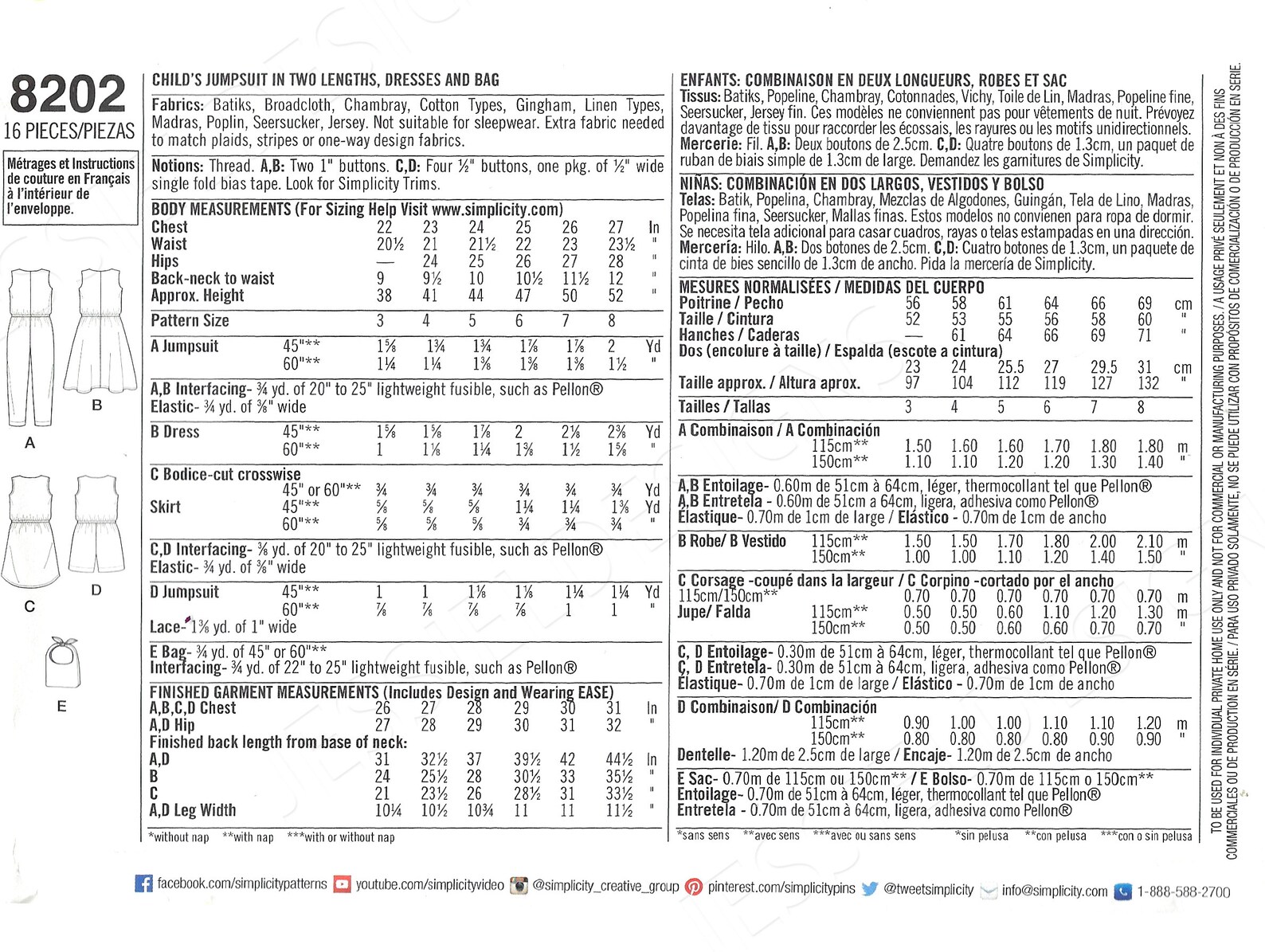 Uncut Simplicity Sewing Patterns 8202 Girl's Jumpsuit in - Etsy