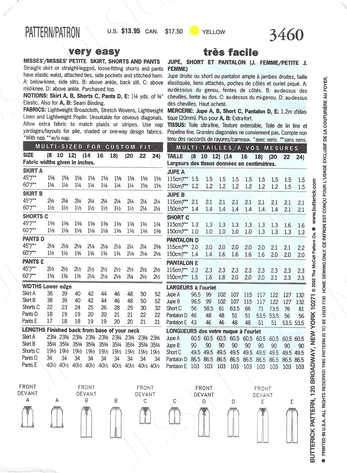 Uncut Butterick Sewing Pattern 3460, Fast Easy, Skirt, Pants, Shorts ...