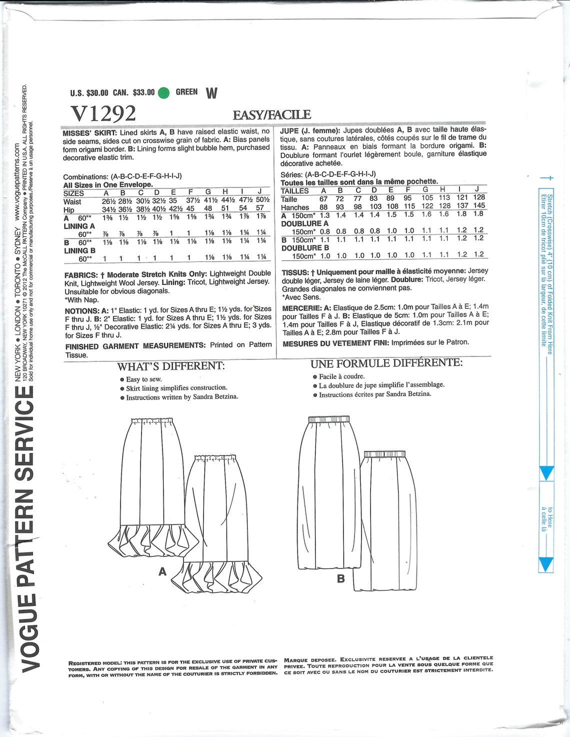 Uncut Vogue Sewing Pattern 1292 Lined Skirt Raised Waist - Etsy