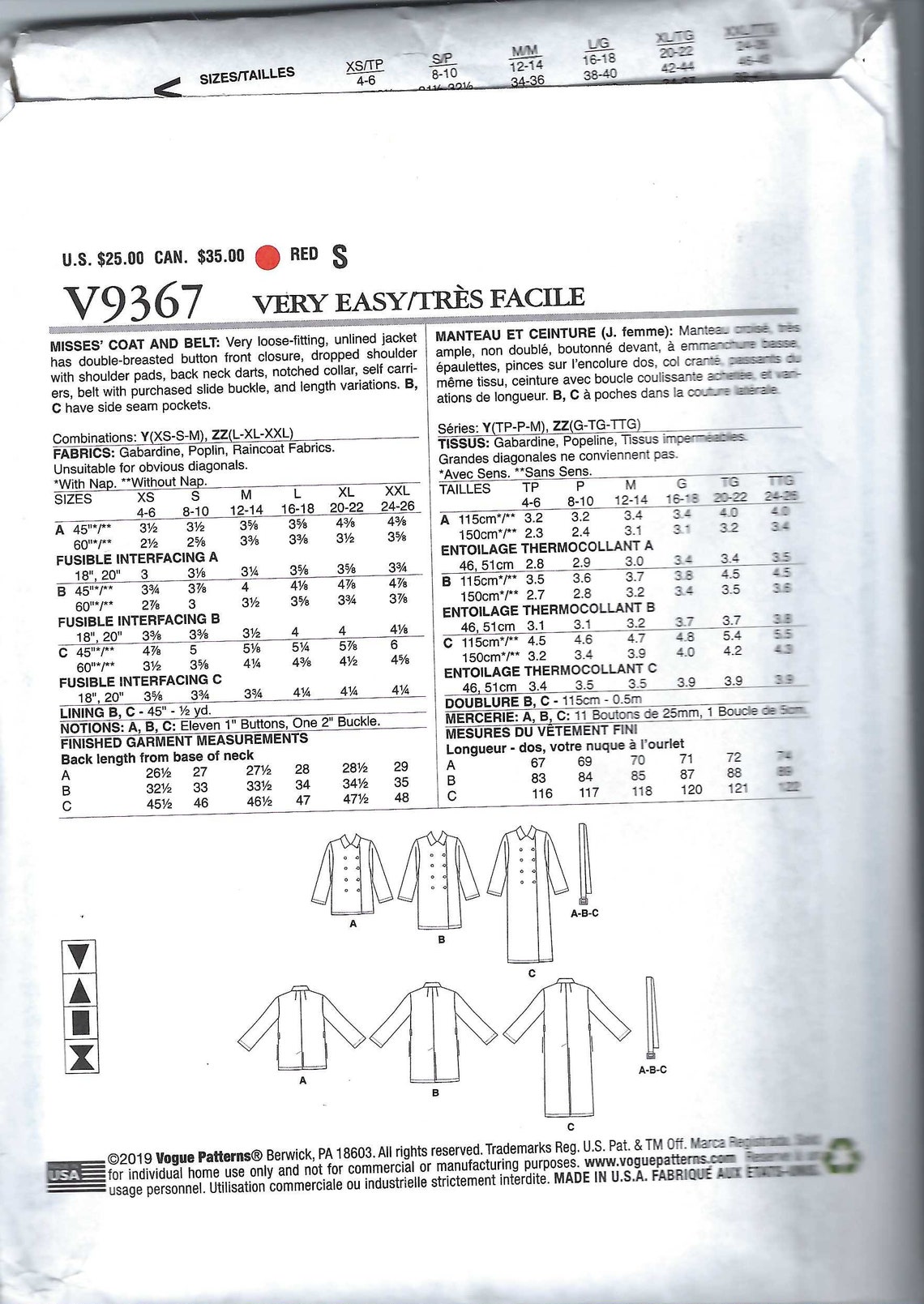 Uncut Vogue Sewing Pattern 9367 Very Easy New Womens Raincoat - Etsy