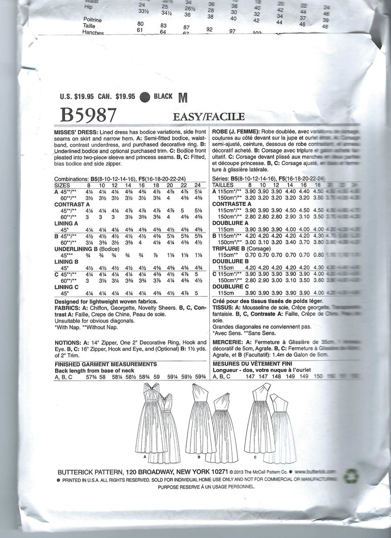 Uncut Butterick Sewing Pattern B5987 5987 Misses' Gathered - Etsy