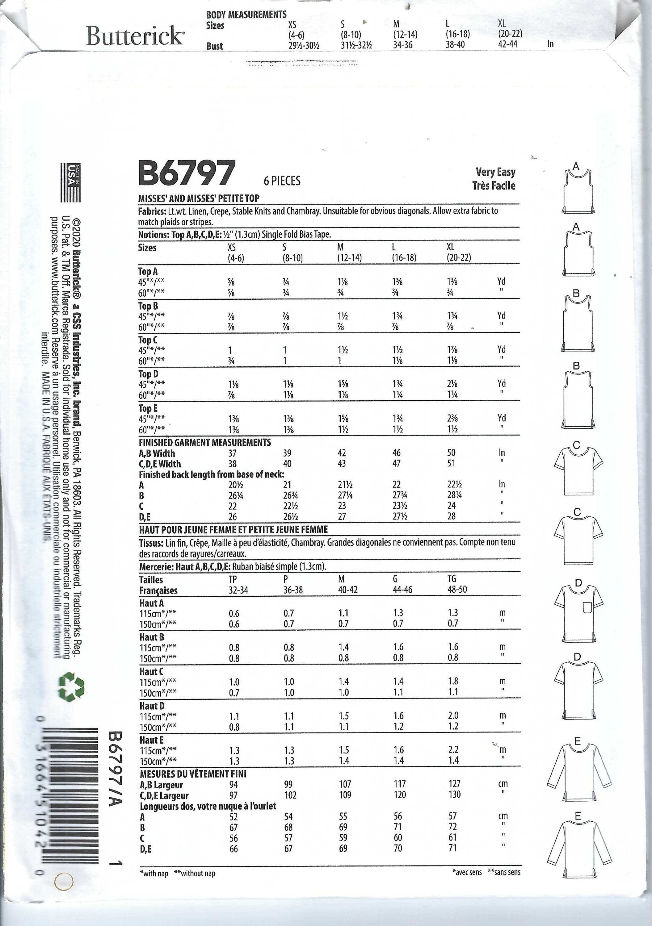 Uncut Butterick Sewing Pattern Top Misses' Size 4-22 6797 Uncut Pattern ...