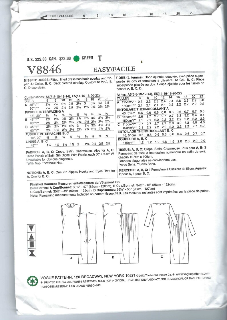 Uncut Vogue Sewing Pattern 8846 Dress Pattern Size 6-14 FF - Etsy