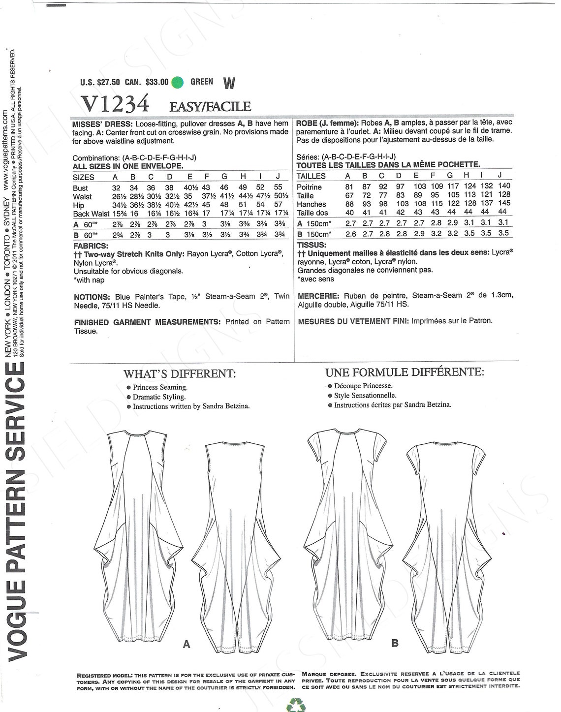 Uncut Vogue Sewing Pattern 1234 Misses' Dress Size A-J - Etsy