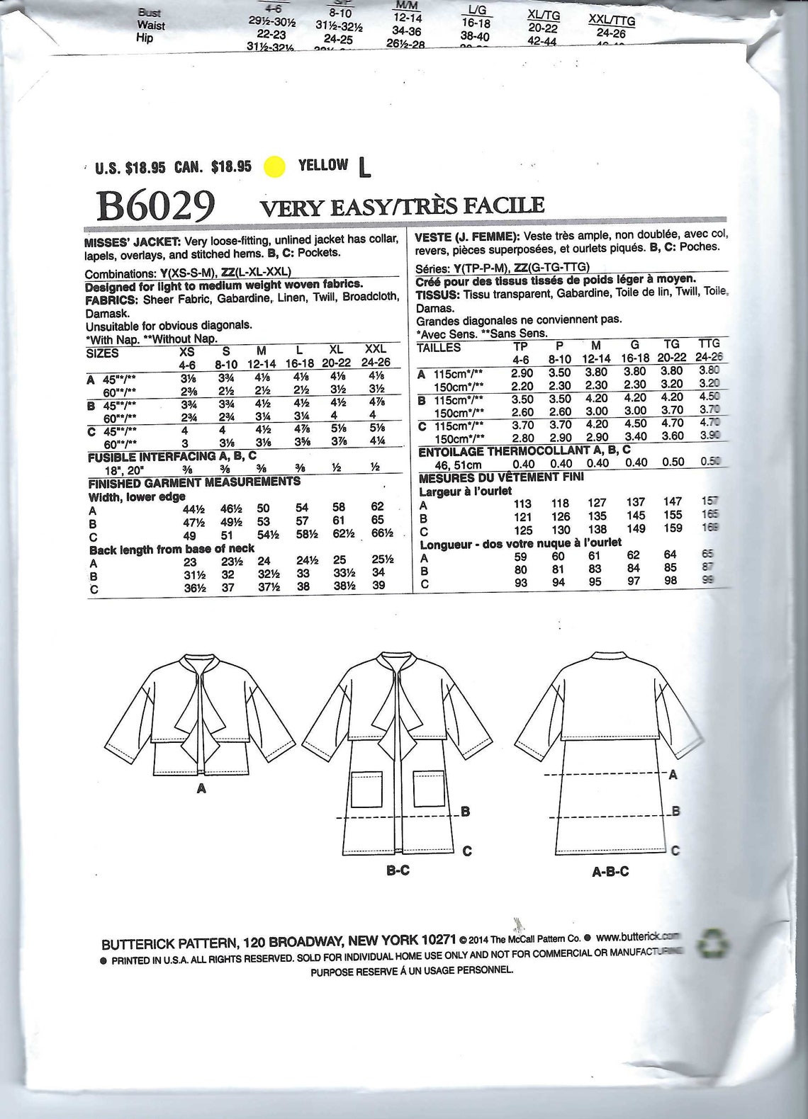 Uncut Butterick Sewing Pattern 6029 Misses Jacket Sizes Xs-s-m - Etsy