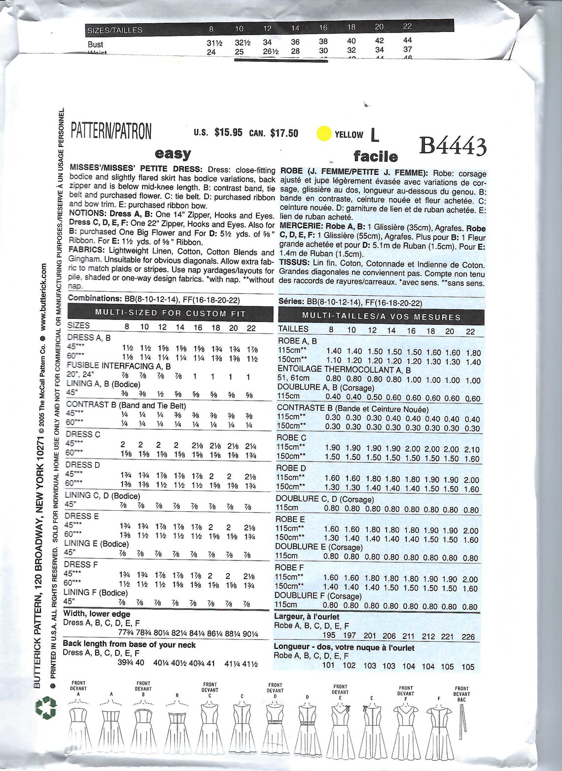 Uncut Butterick Sewing Pattern 4443 Misses'/misses' - Etsy