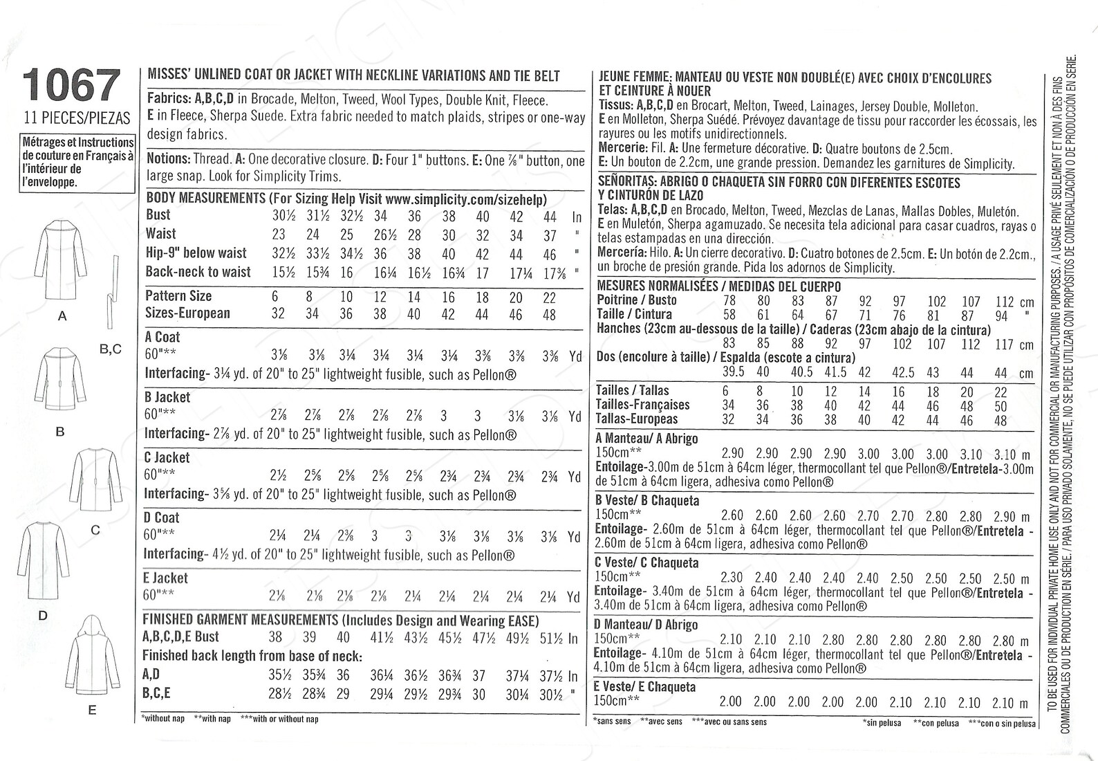 Uncut Simplicity Sewing Pattern 1067 Misses' Unlined Coat - Etsy