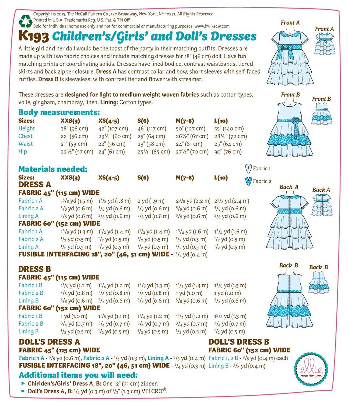 Uncut Kwik Sew 193 Pattern girls/dolls Dresses Ellie Mae - Etsy