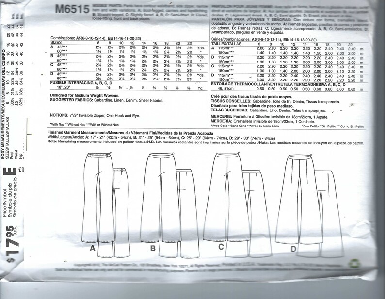UNCUT Mccall's Sewing Pattern 6515 Misses Pants SIZES 6-14 14 - 16 - 18 ...