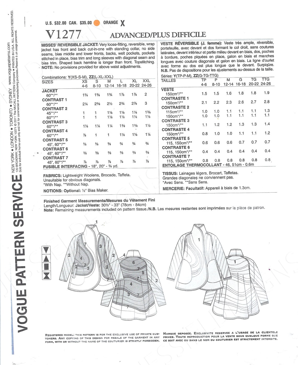 Uncut Vogue Sewing Pattern 1277 Reversible Wrap Jacket Loose | Etsy