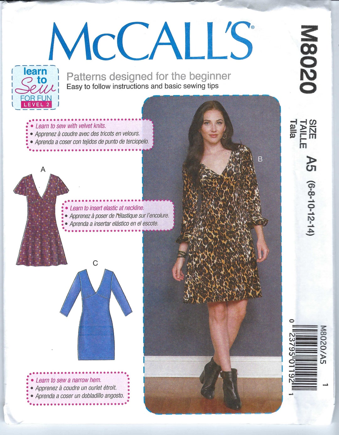 Uncut Mccalls Sewing Pattern 8020 Women's Knit Dress, Summer Dress, V ...