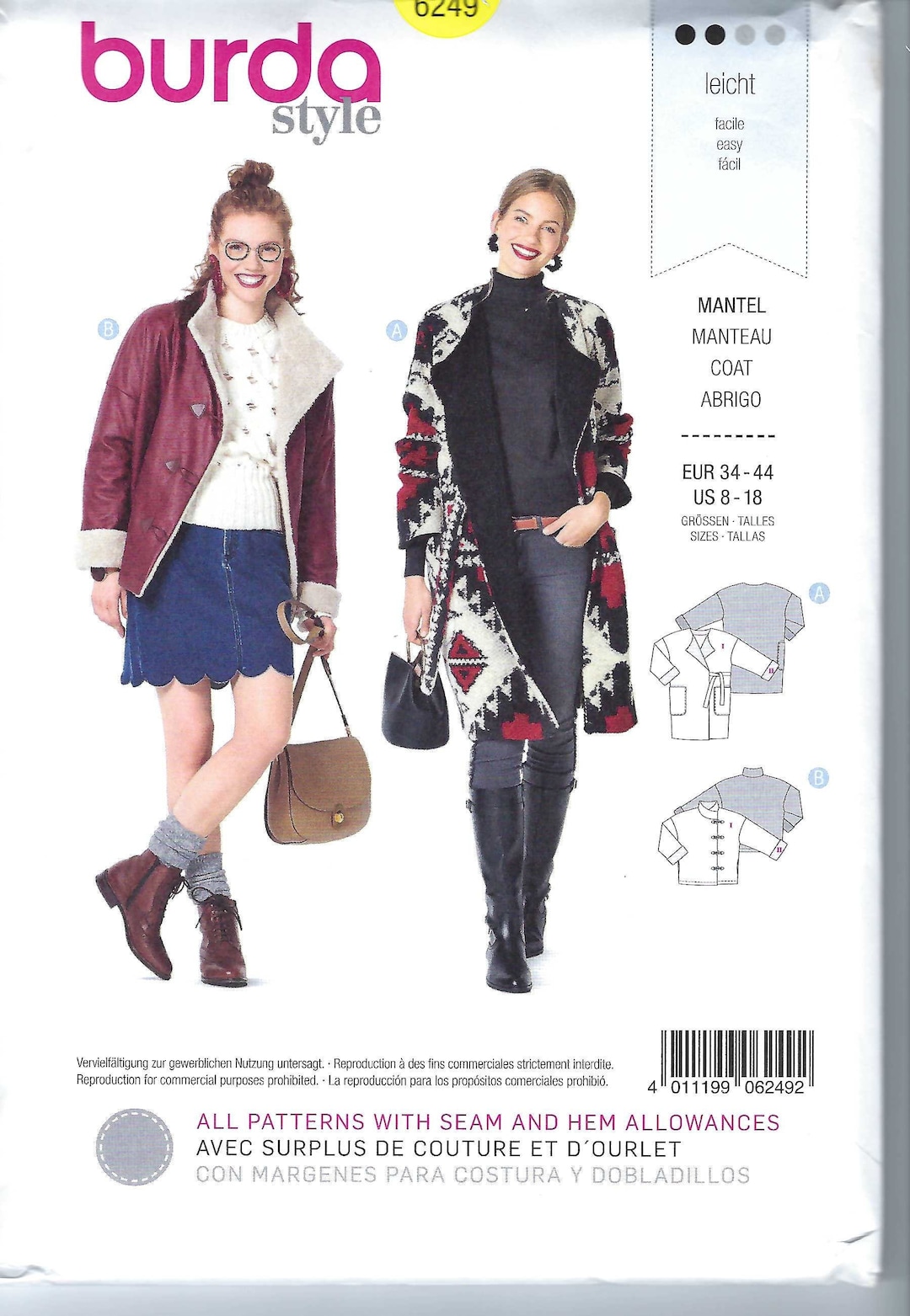 Uncut Burda Style Sewing Pattern 6249 Jacket - Wide Jackets - Short ...