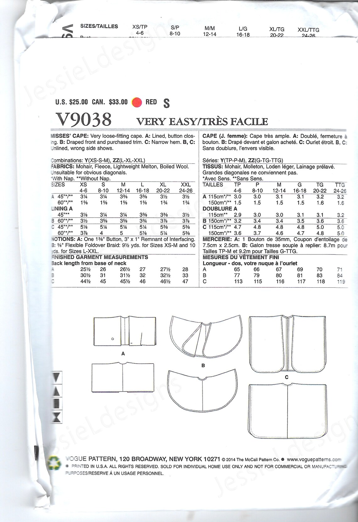 Uncut Vogue Sewing Pattern 9038 - Cape, 3 Versions - Fingertip or Mid ...