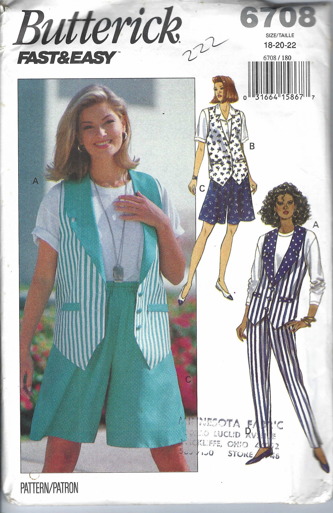 Uncut Vintage Butterick Sewing Pattern 6708 Loose Fit Shorts Slim Pants ...