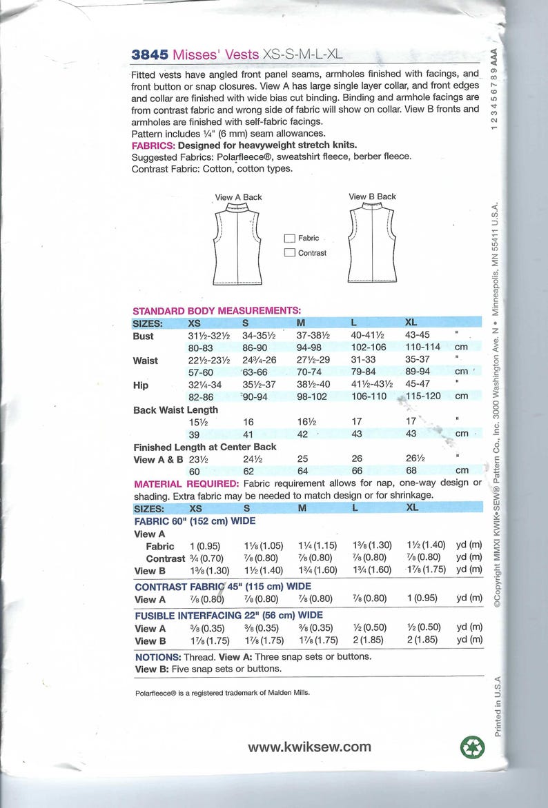 Uncut Kwik Sewing Pattern Misses' Fitted Vests V Neckline Lapel Style ...