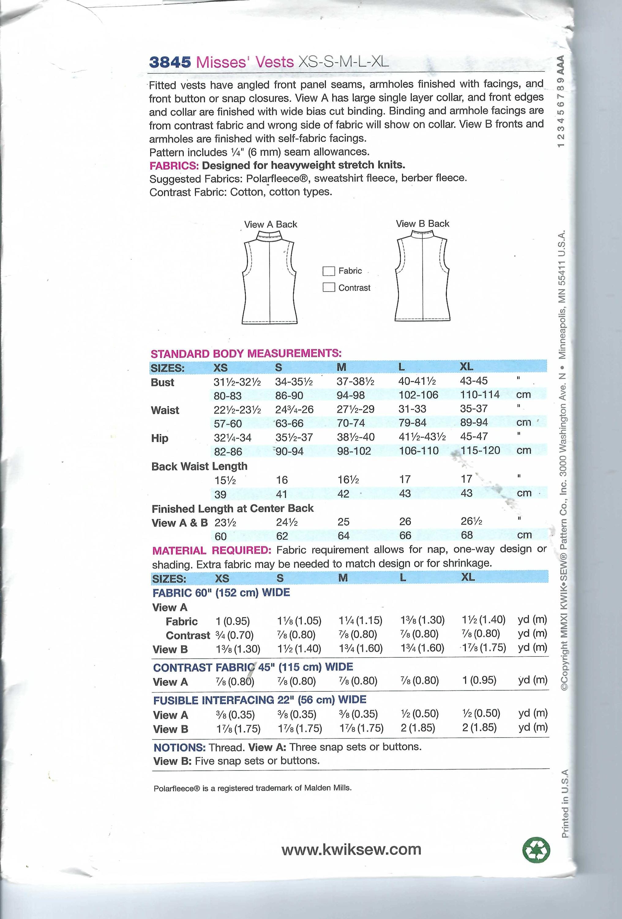 Uncut Kwik Sewing Pattern Misses' Fitted Vests V Neckline Lapel Style ...