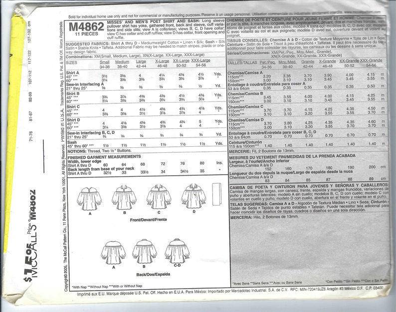 Uncut Mccalls Sewing Pattern Historical Pattern 4862 Men's Renaissance ...