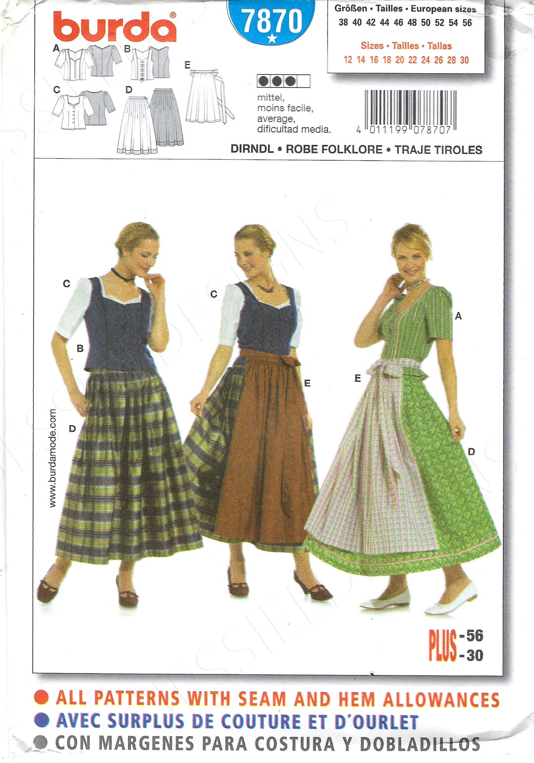 FF Burda Style Sewing Pattern 7870 Misses German Dimdl Tirolean Folk ...