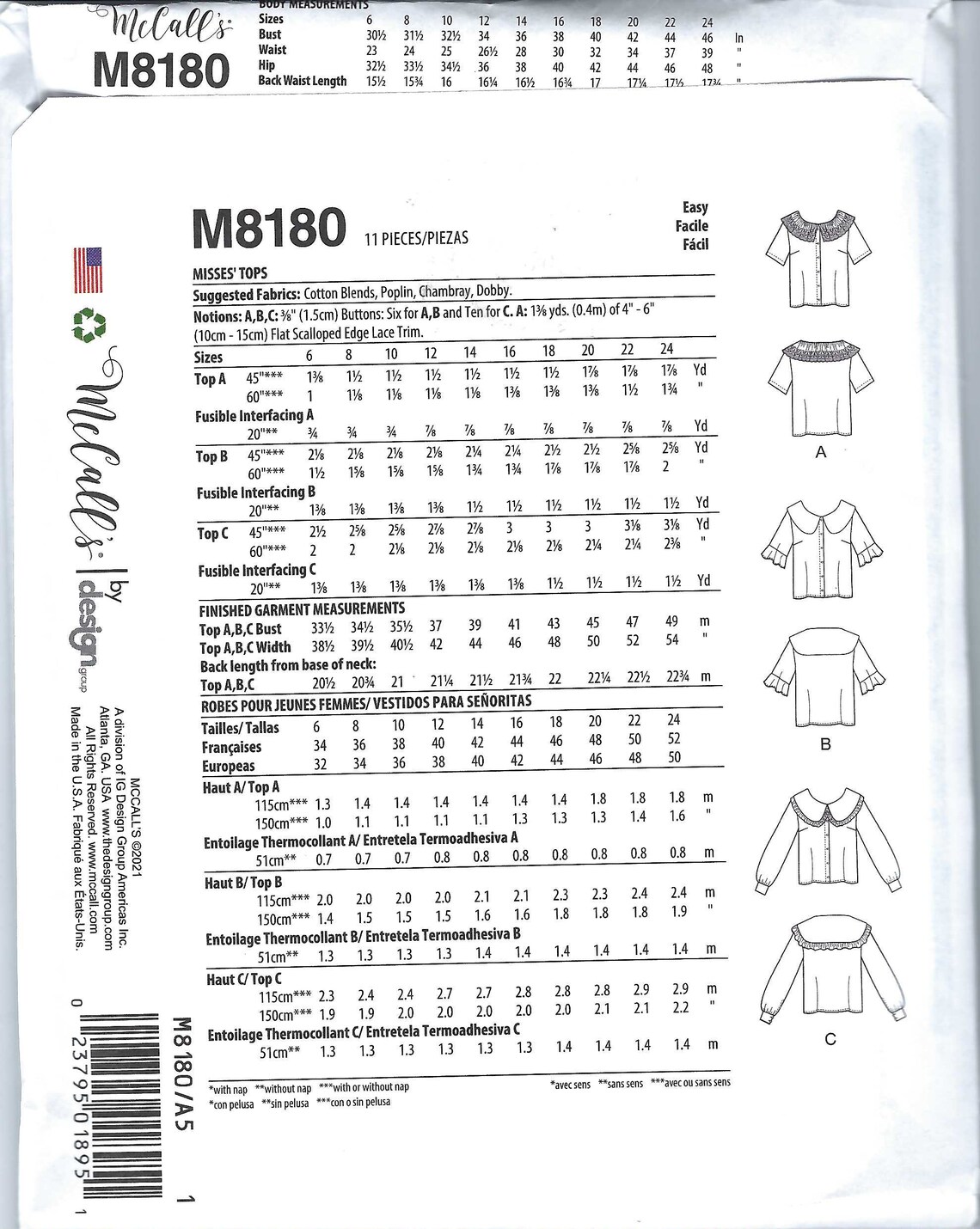 Uncut mccall's sewing pattern 8180 Misses' Tops Size | Etsy