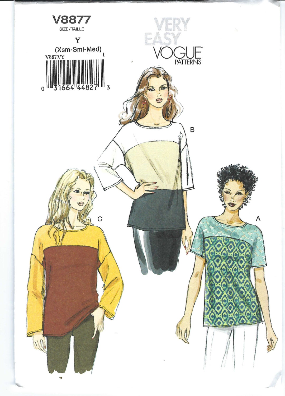 Uncut Vogue Sewing Pattern 8877 Loose Fitting Pullover Tops Sizes XS S ...