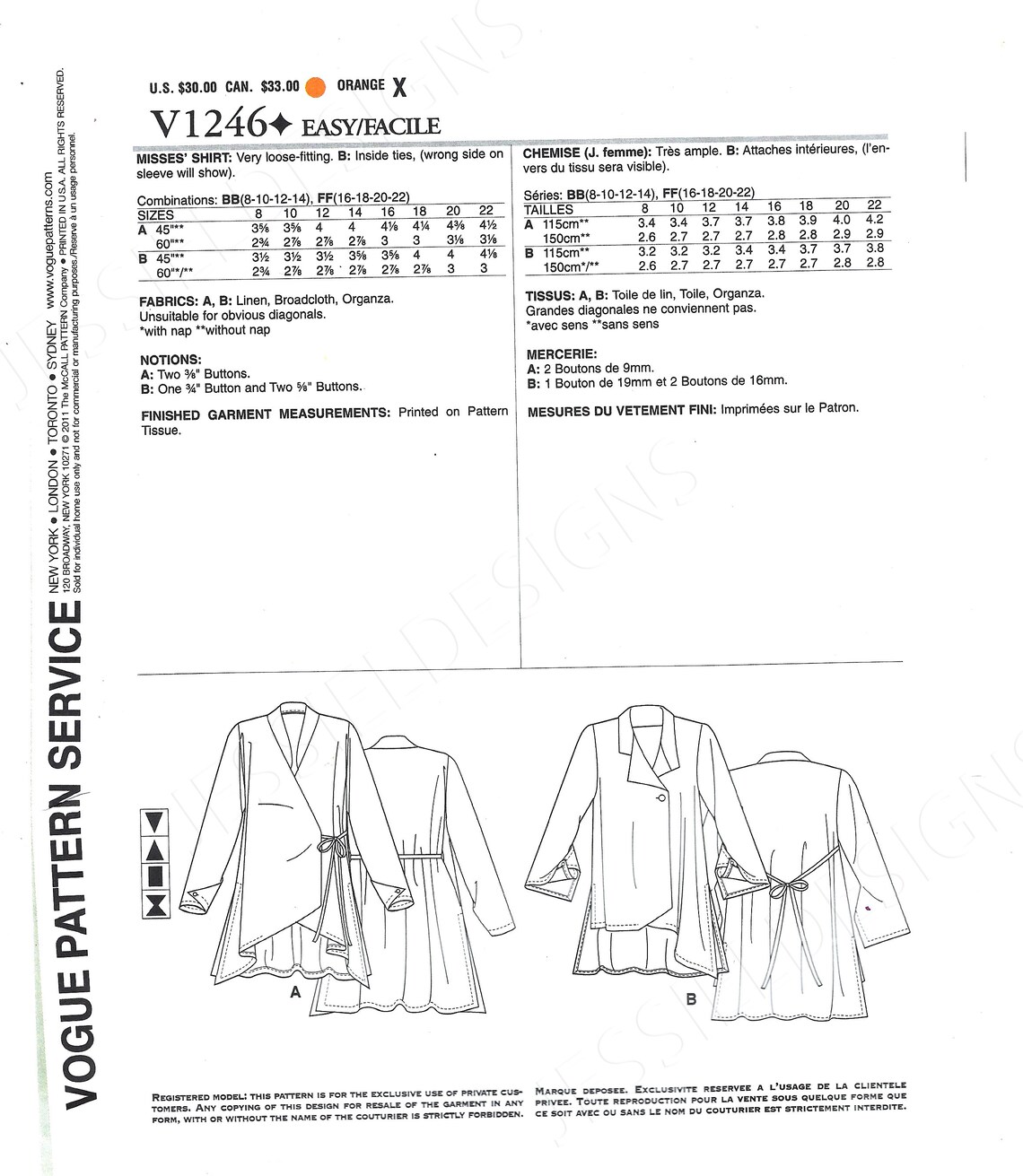 Uncut Vogue Sewing Pattern 1246 Misses' Asymmetrical-closure Shirts ...