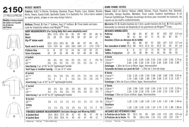 Uncut Simplicity Sewing Pattern 2150 Misses Jackets Size 6/14 - Etsy