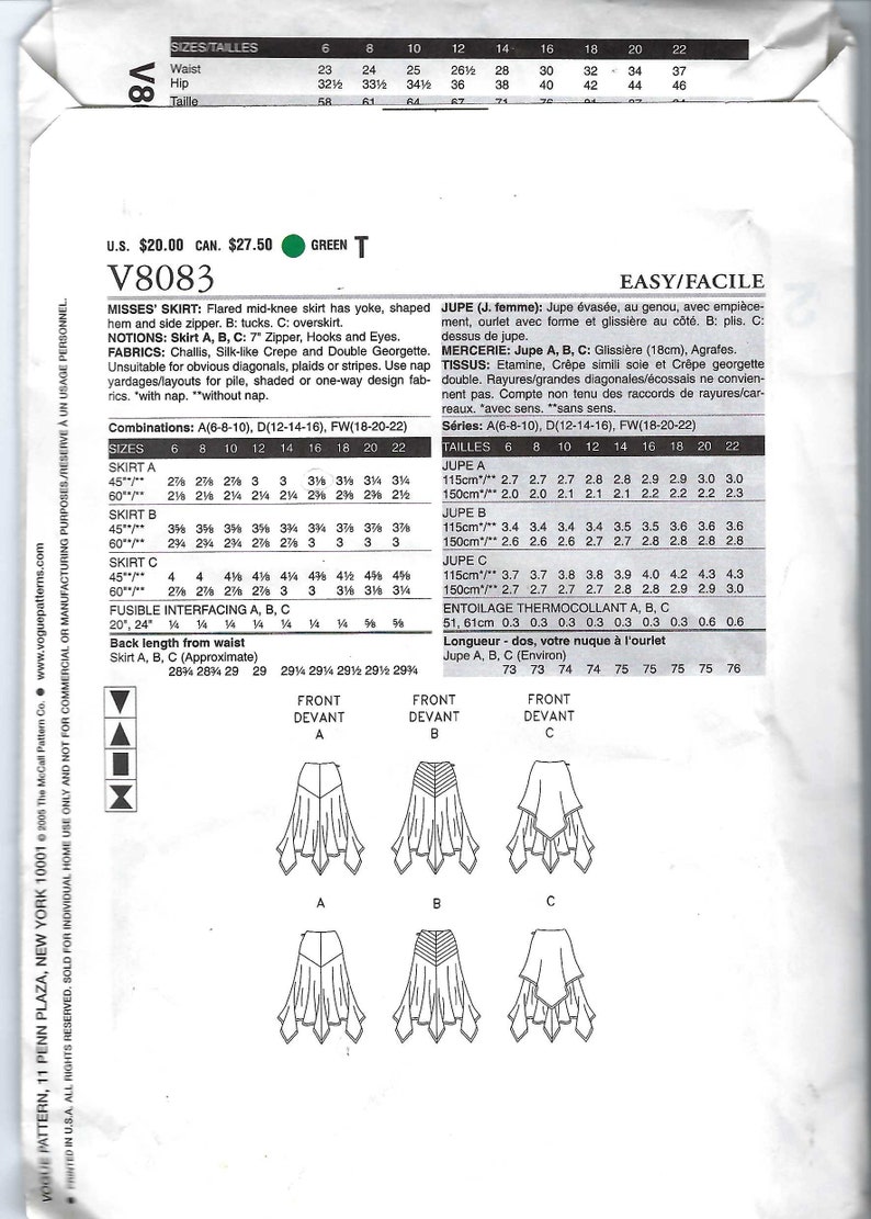 Uncut Vogue Sewing Pattern 8083 Riangular Hem Skirt Three | Etsy