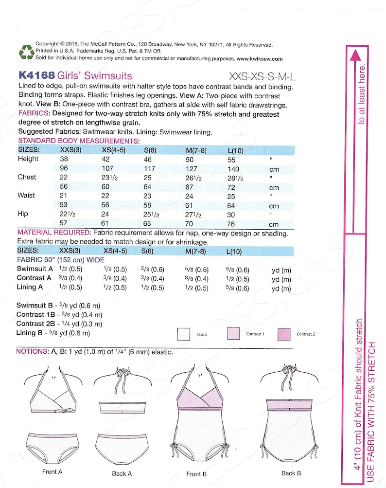 Uncut Kwik Sewing Pattern 4168 SWIMSUITS Child Girls Sizes Xxs Xs Sm ...