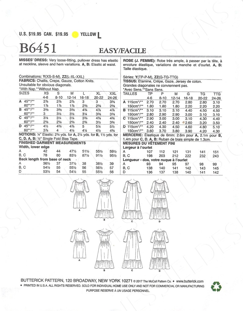 Uncut Butterick Sewing Pattern B6451 6451 Misses' Gathered, Blouson ...