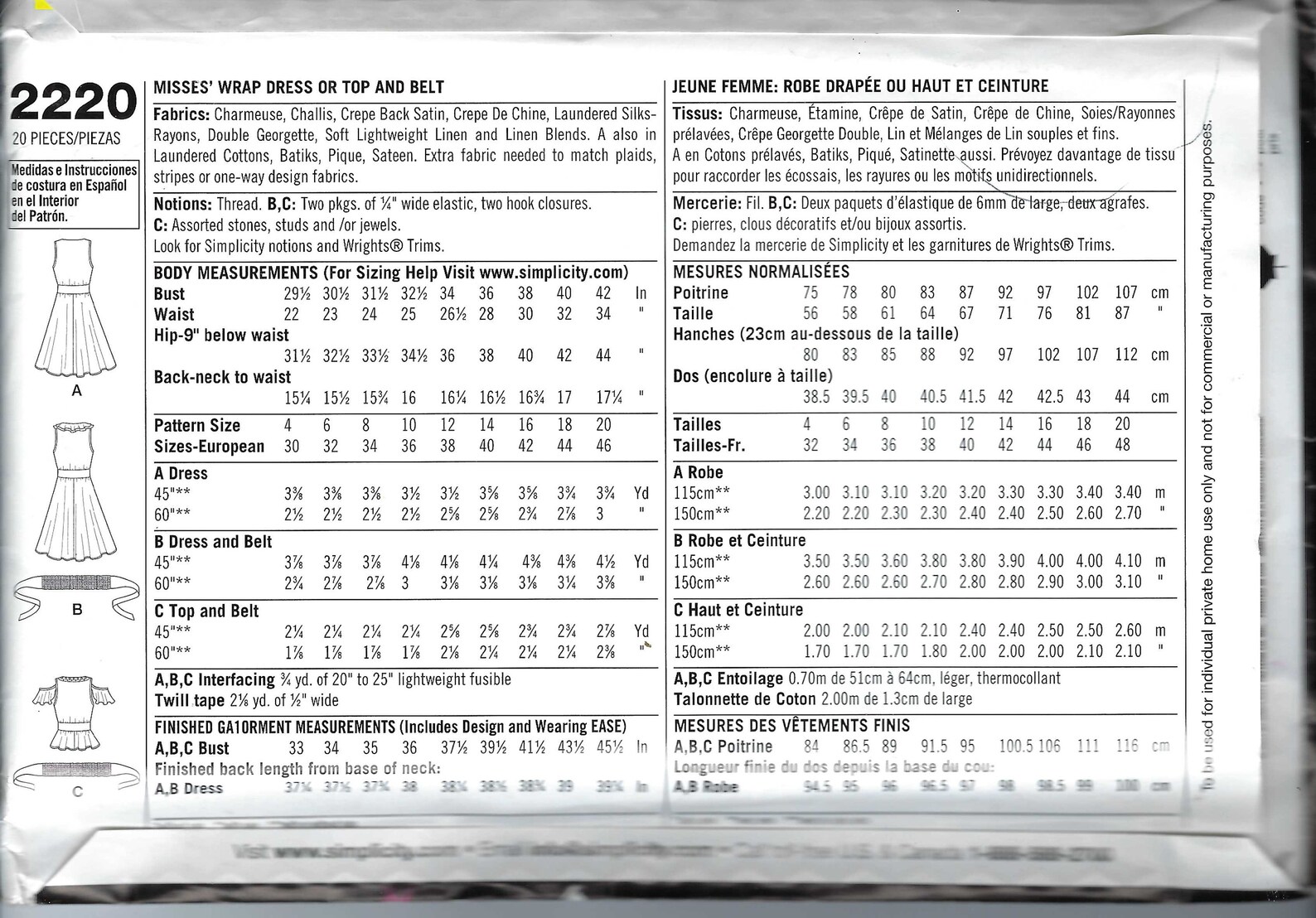 Uncut Simplicity Sewing Pattern 2220 Misses Wrap Dress or Top - Etsy