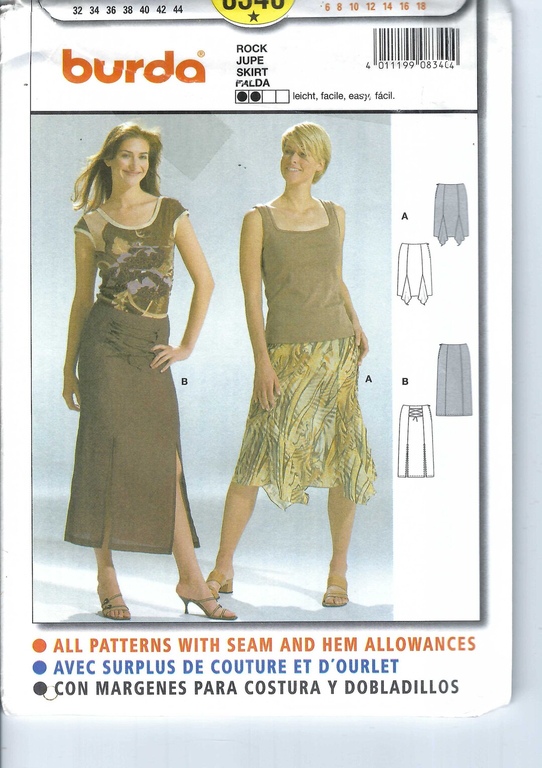 Uncut Vintage Burda Sewing Pattern 8340 Pattern Fitted Skirts 2 Styles ...