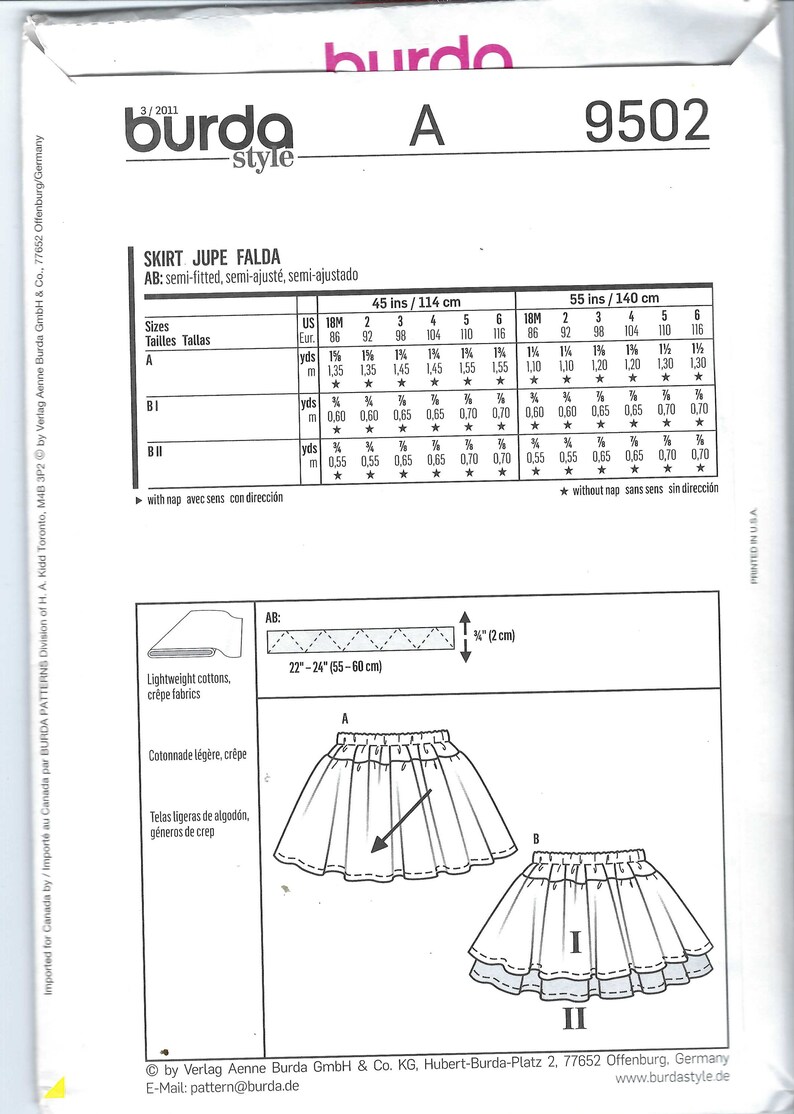 Uncut Burda Style Sewing Pattern 9502 Kids Skirt Skirt Sz 18M - Etsy