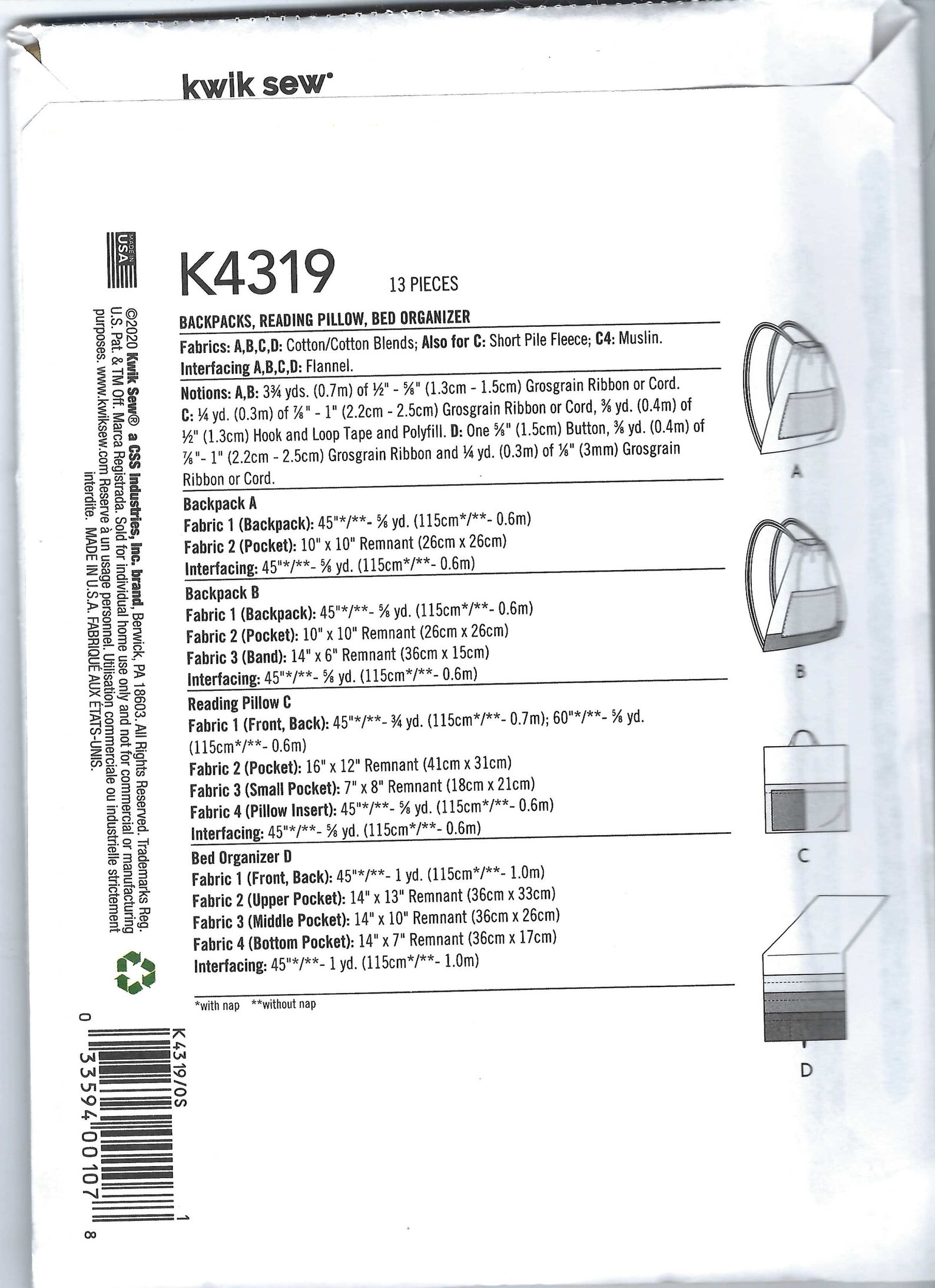Uncut Kwik Sewing Pattern 4319 Backpacks, Reading Pillow, Bed Organizer ...