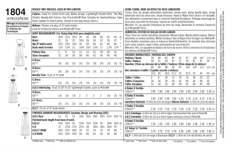 Uncut Simplicity Sewing Pattern 1804 Misses' Knit Dresses - Etsy