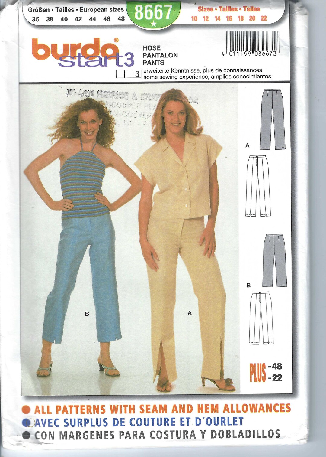Uncut Burda Style Sewing Pattern 8667 Front Slit Pants Capris Sizes 10 ...