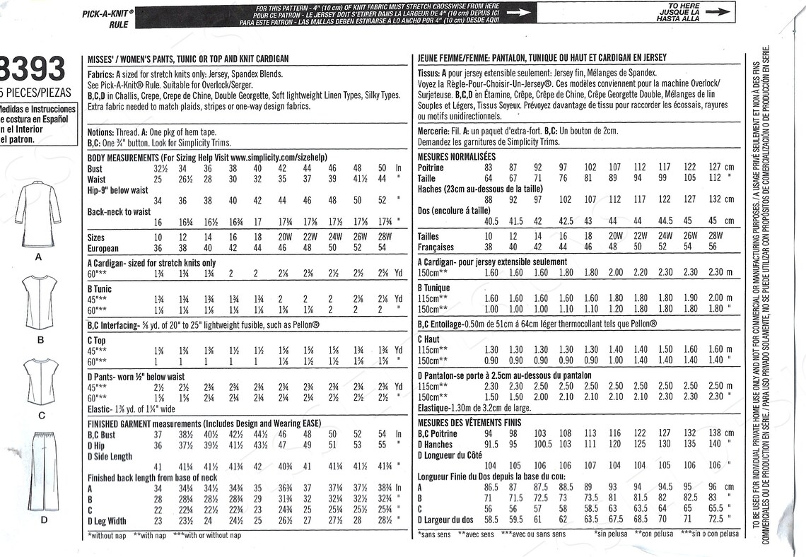 Uncut Simplicity Sewing Pattern 8393 Misses' and Plus Size Pants, Tunic ...