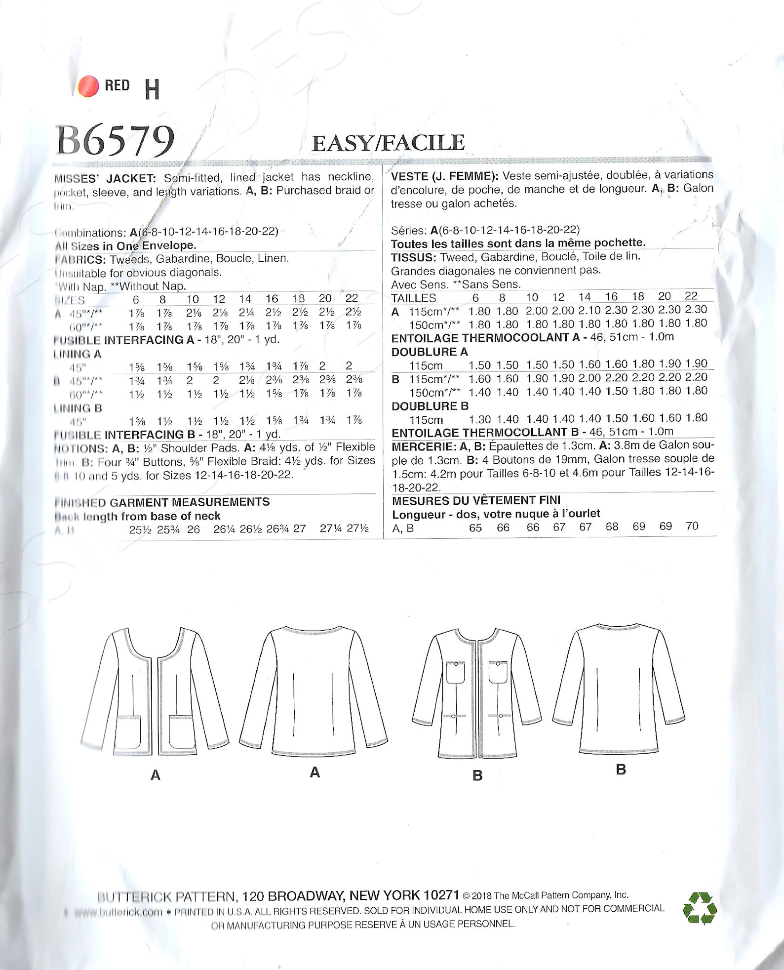 Uncut Butterick Sewing Pattern 6579 Misses' Jacket Size A - Etsy