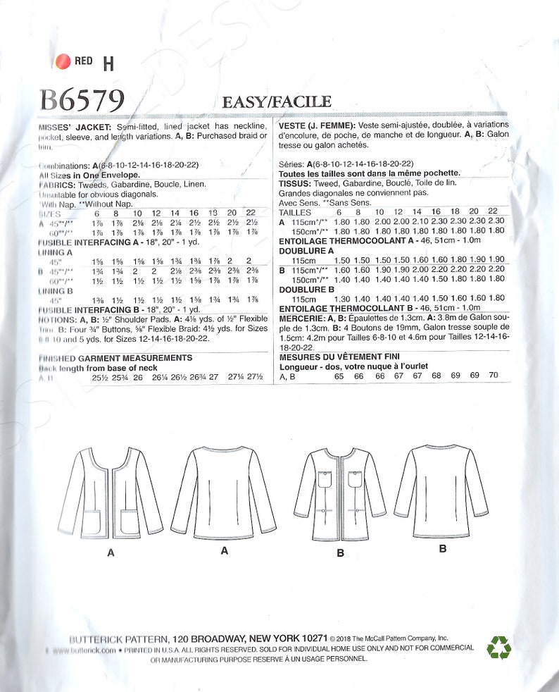Uncut Butterick Sewing Pattern 6579 Misses' Jacket Size A | Etsy