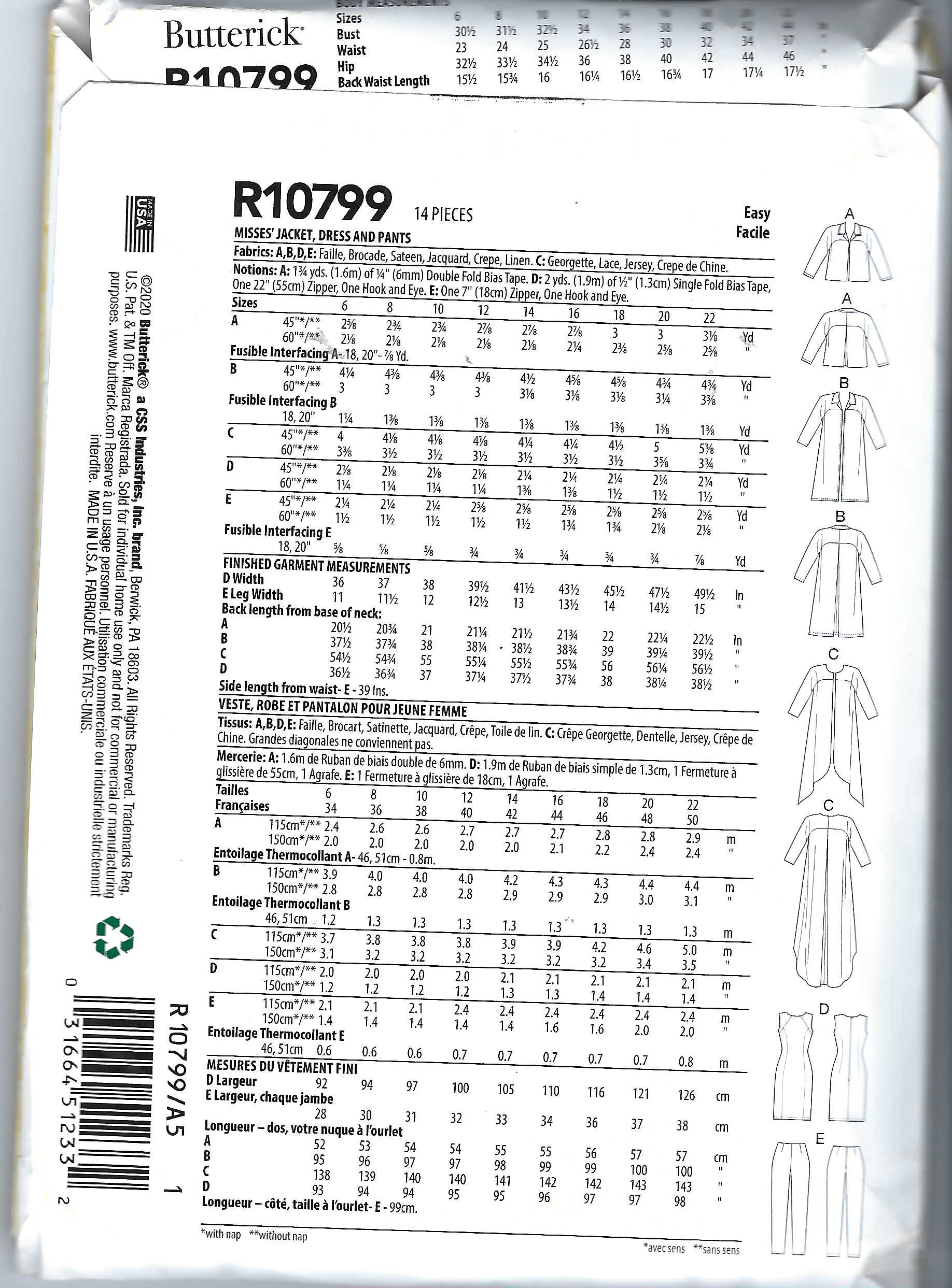 Butterick Sewing Pattern 10799 6802 Misses' Jacket, Dress & Pants Size ...