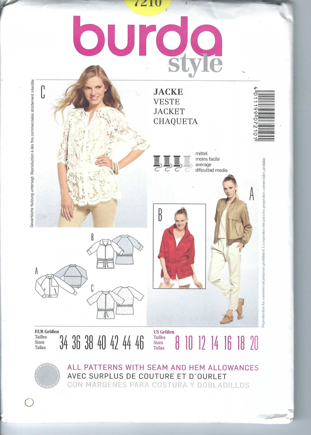 Uncut Burda Style Sewing Pattern 7210 Jacket Raglan Shirt - Etsy