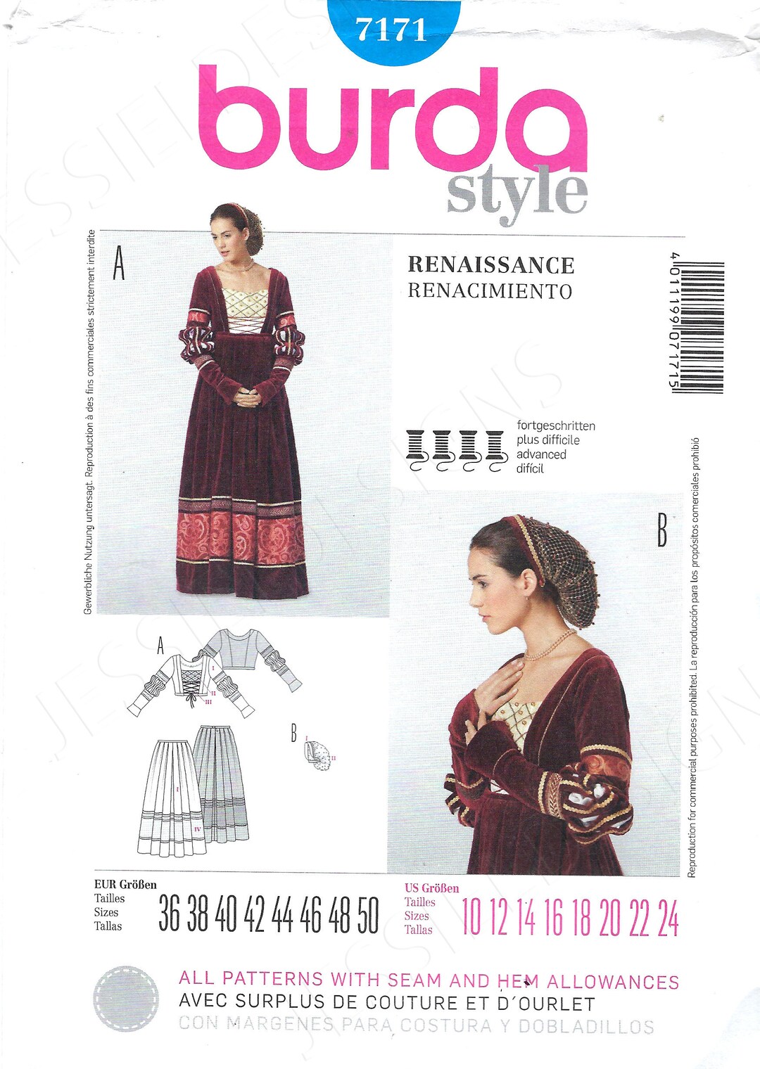 FF Burda Style Sewing Pattern 7171 Misses' Cosplay Renaissance Costume ...