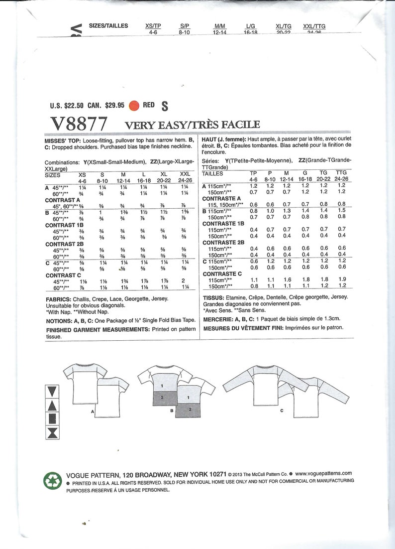 Uncut Vogue Sewing Pattern 8877 Loose Fitting Pullover Tops Sizes XS S ...