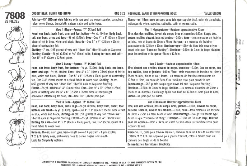 Uncut Simplicity Sewing Pattern Cuddly Bear Bunny & Hippo Doll - Etsy