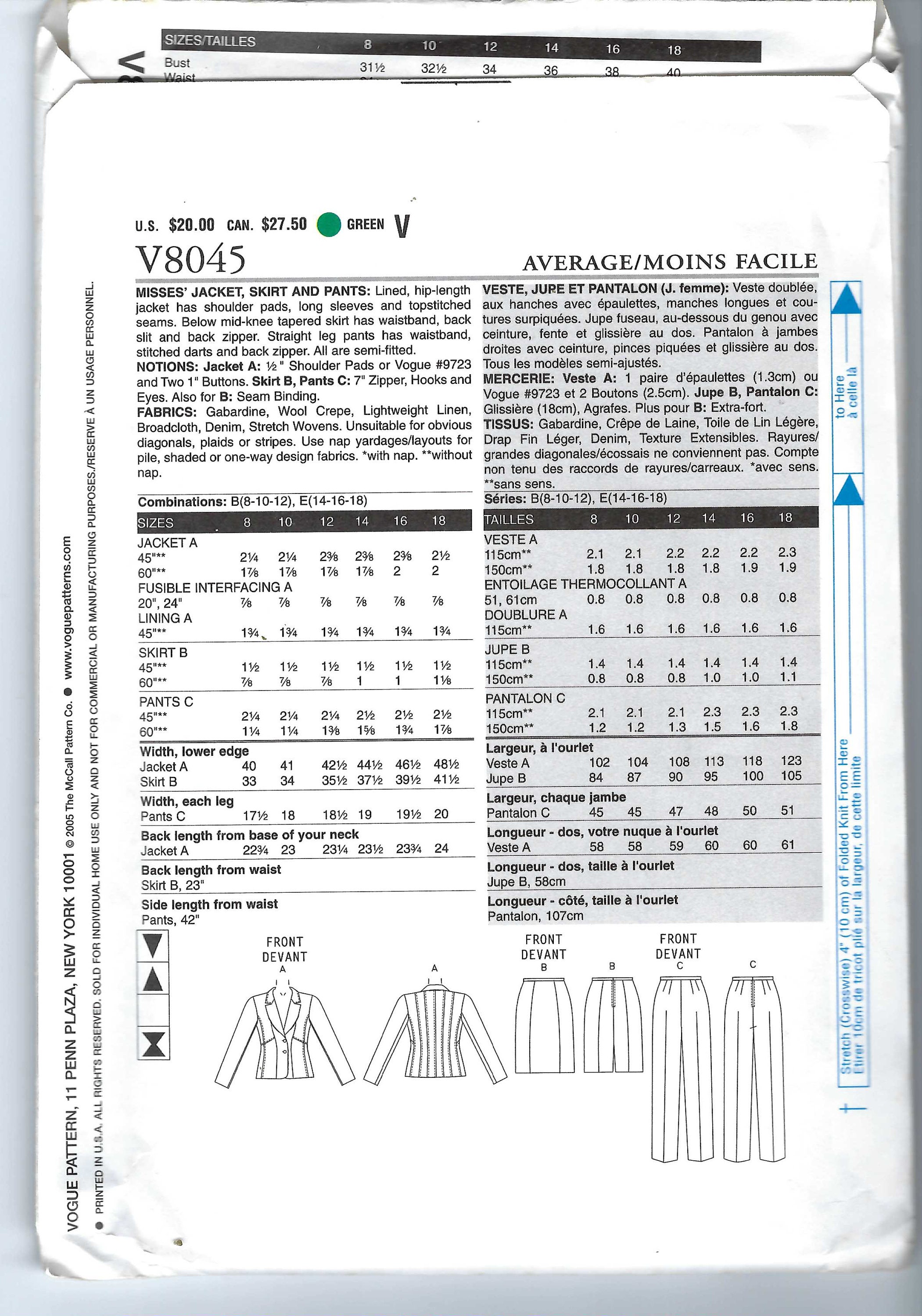 Uncut Vogue Sewing Pattern 8045 Misses' Lined Jacket, Tapered Skirt and ...