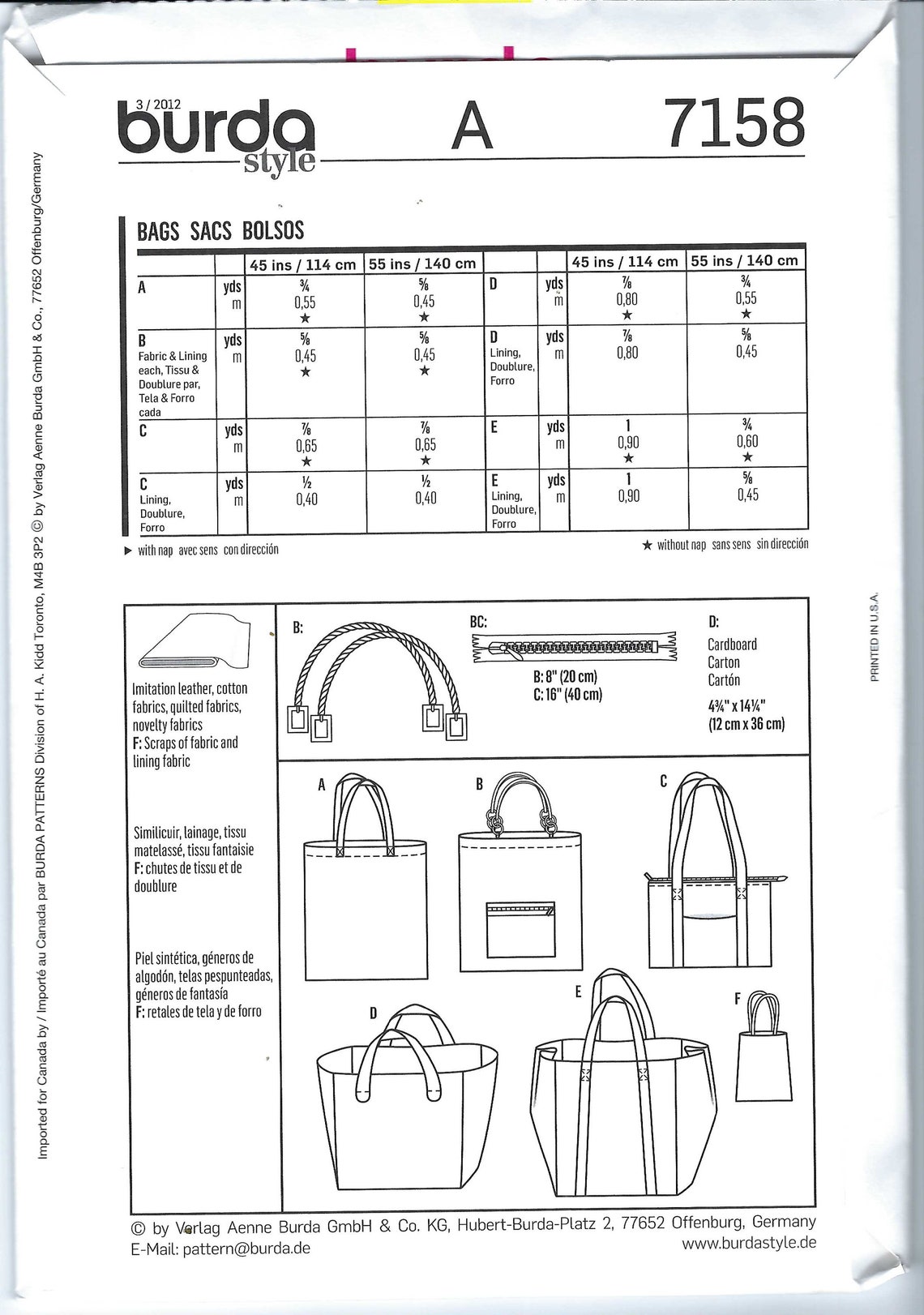Uncut Burda Style Sewing Pattern 7158 Bags FF - Etsy