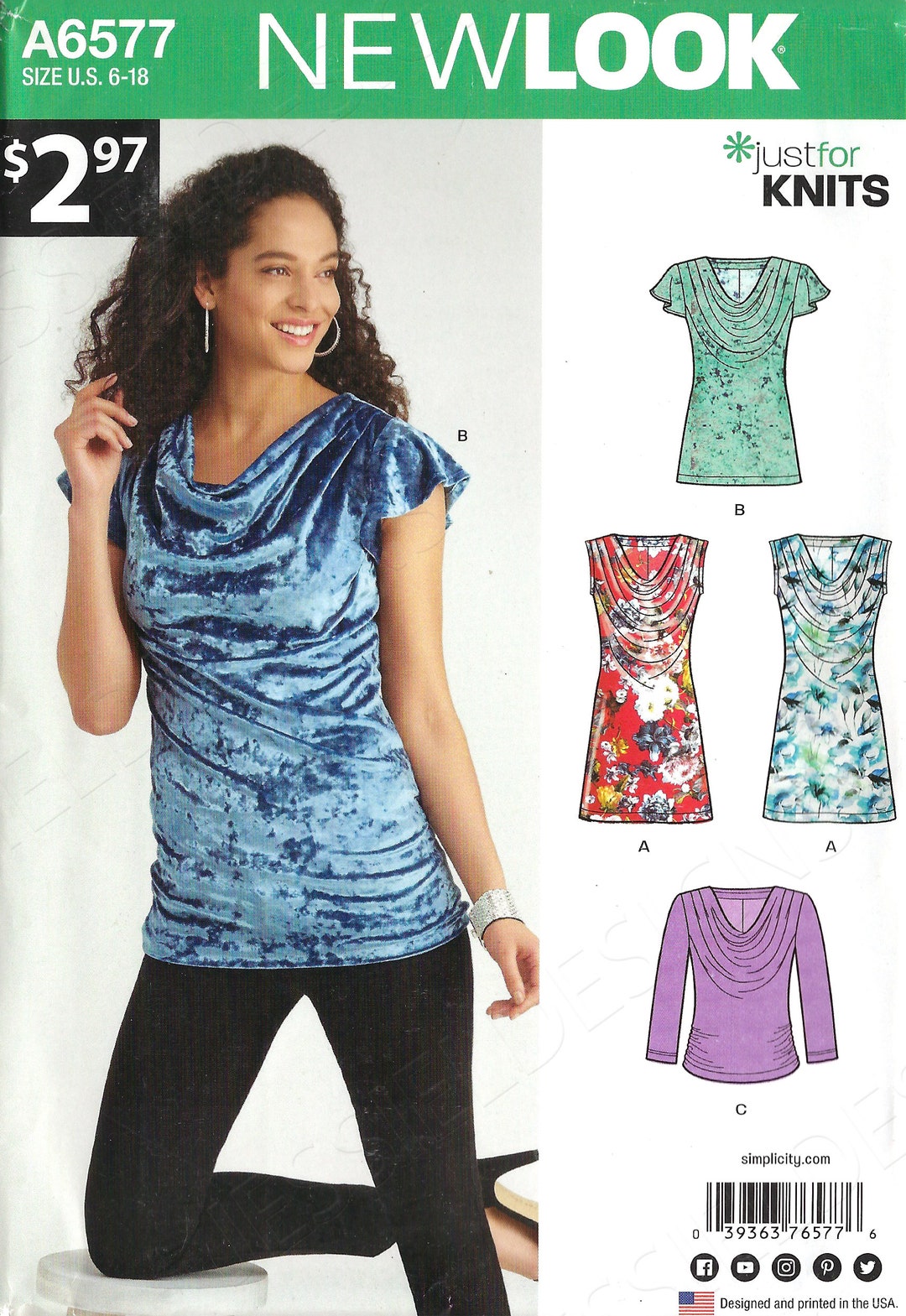 Uncut New Look Sewing Pattern 6577/h0172~misses' Knit Tops~misses Sz 6 ...
