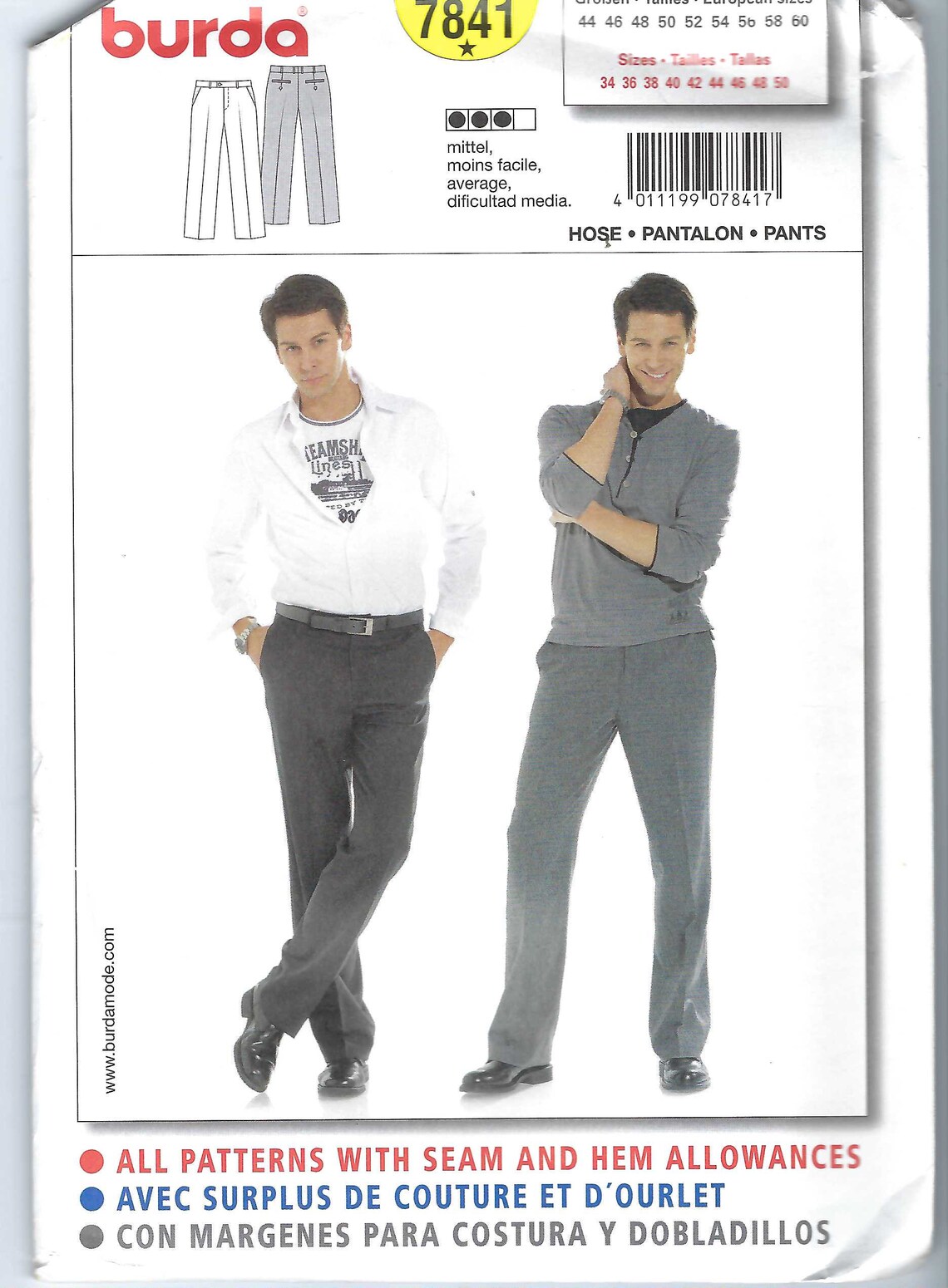 FF Burda Style Sewing Pattern 7841 Pattern Mens Fitted Pants | Etsy