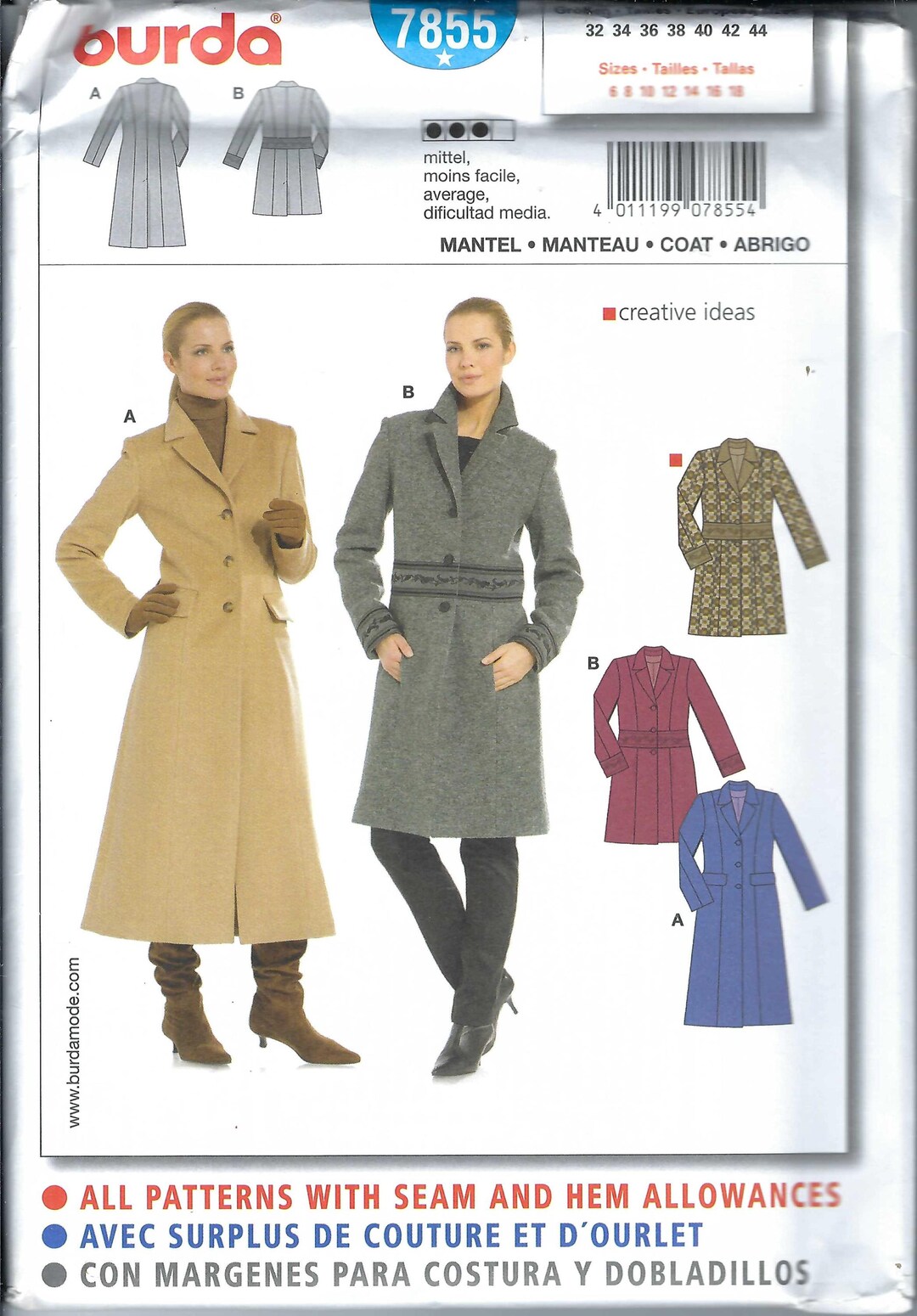 Uncut Burda Sew Sewing Pattern 7855 Misses Coat Jacket Lapel Section ...