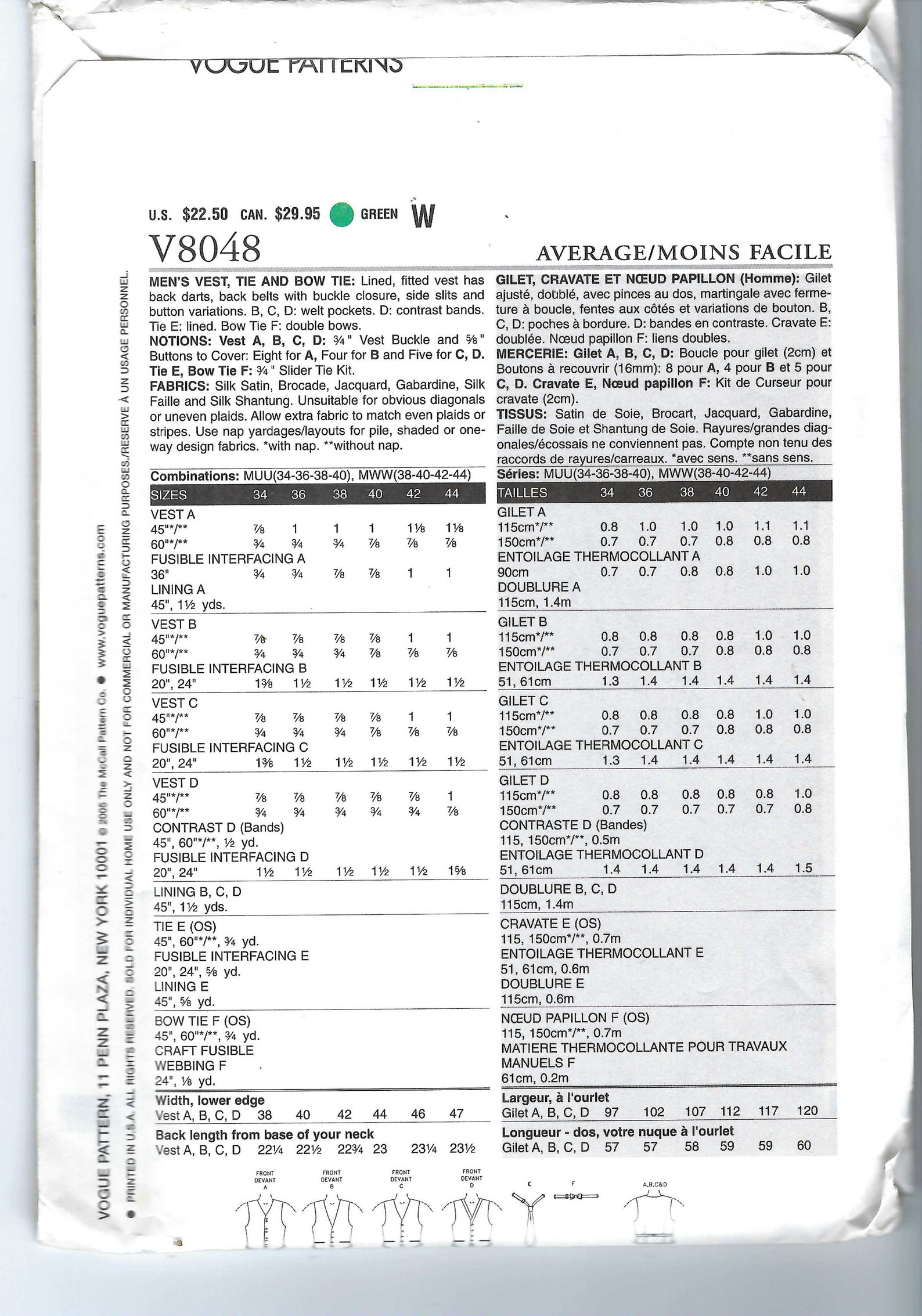 Uncut Vogue Sewing Pattern 8048 Men's Vest Tie Bow Tie - Etsy