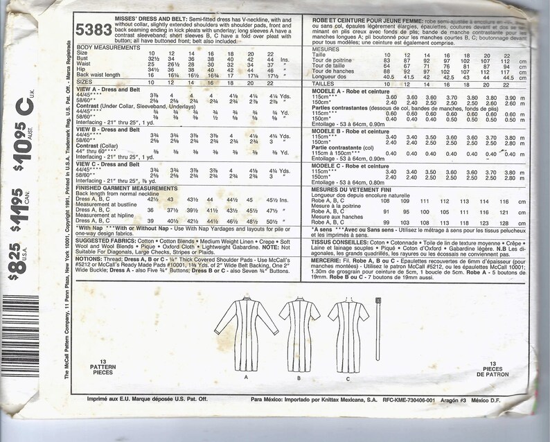 Uncut Vintage Mccalls Sewing Pattern 5383, Dress Pattern Size 12 FF - Etsy